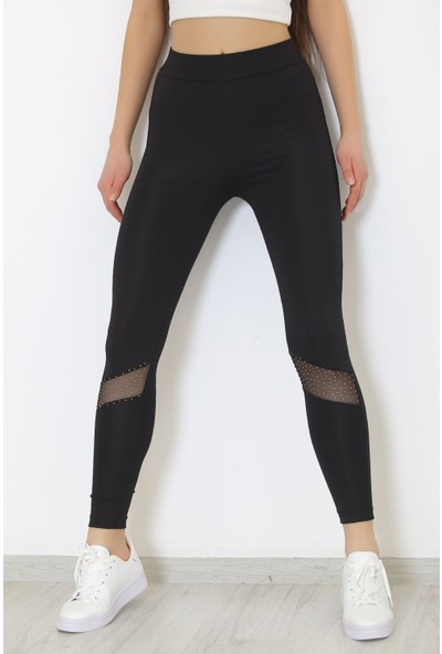 Karazona Kadın Taş Detaylı Tayt Siyah KZDN1365