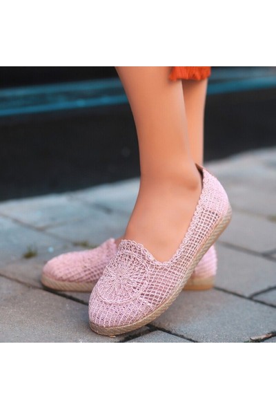 Pabucmarketi Kadın Pudra Örgülü Babet Ayakkabı