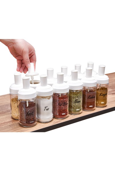 12 Adet Kapağı Kendinden Kaşıklı ve Etiketli Baharatlık Seti - (300 Ml) Cam - Etiket 12 Adet Kapağı Kendinden Kaşıklı ve Etiketli Baharatlık Seti - (300 Ml) Cam - Etiket