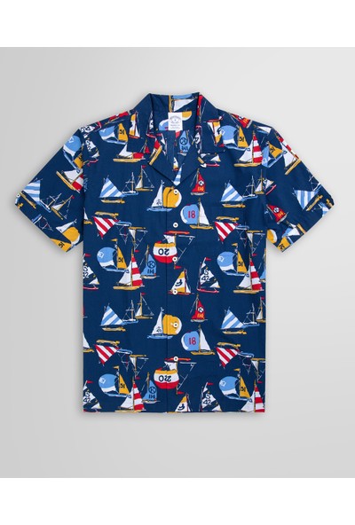 Erkek Lacivert Tekne Desenli Spor Gömlek