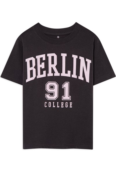 Mavi Berlin Baskılı Gri Tişört