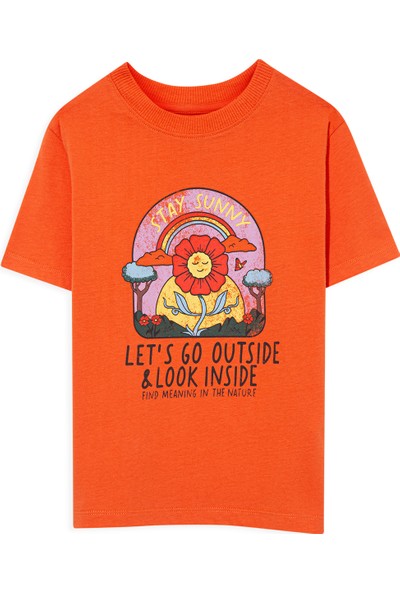 Çiçek Baskılı Turuncu Tişört