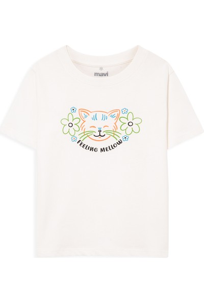 Mavi Kedi Baskılı Beyaz Tişört Mavi Kedi Baskılı Beyaz Tişört