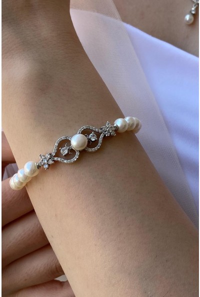 Zümrüt Kuyumculuk BIRINCI1926 925 Ayar Gümüş Kadın Çiçek Taşlı Inci Bileklik