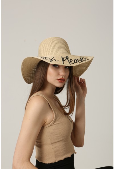 Luminos Butik Kadın Beach Please Nakışlı Bej Hasır Şapka