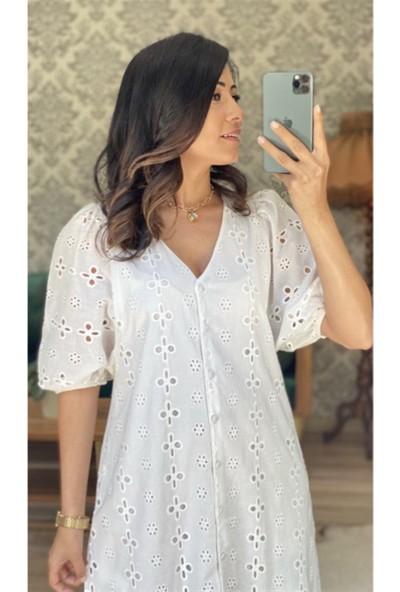 Forlady4 Beyaz Kısa Kol V Yaka Fisto Elbise