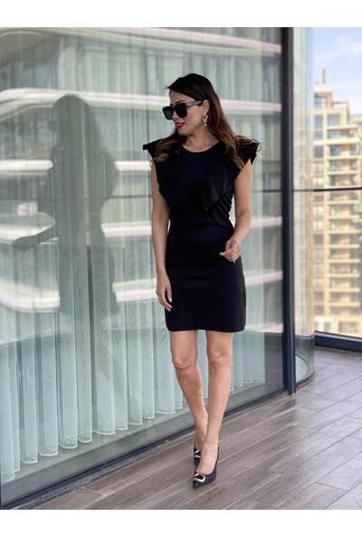 Forlady4 Siyah Mng Volanlı Elbise