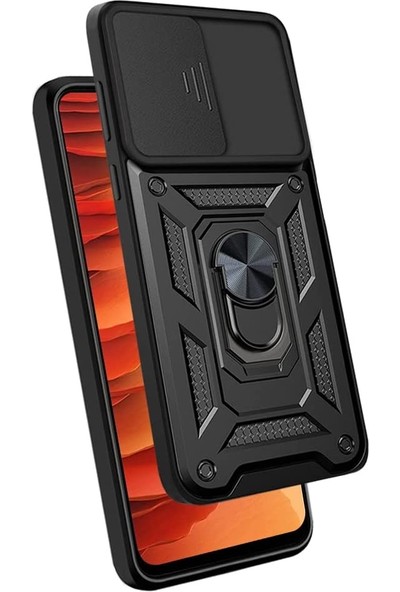 Case 4U Samsung Galaxy S22 Ultra Uyumlu Kılıf Stand Olabilen Yüzüklü Sürgülü Vega Arka Kapak Siyah