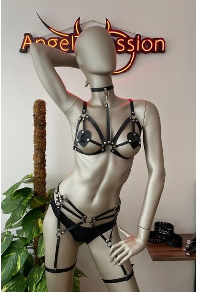 Deri Jartiyer Siyah Harness Takım Deri Jartiyer Siyah Harness Takım