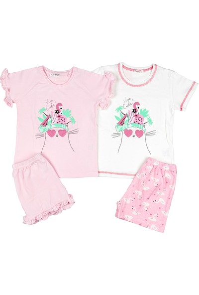 Nicoletta Karısık Renklı Kız Çocuk 2 Li Kısa Kollu Pijama Takımı Pamuk Likrali