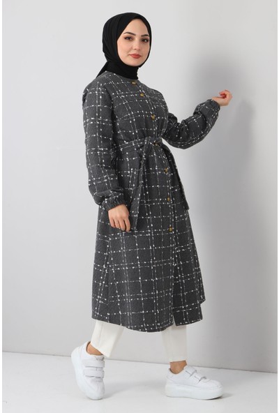 Düğmeli Kaşe Kaban Füme