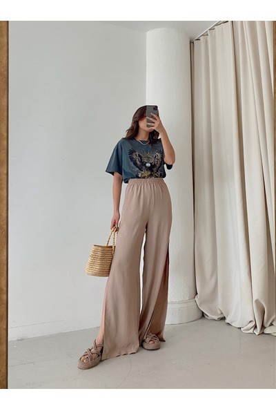 Yırtmaçlı Bol Paça Pantolon Camel Yırtmaçlı Bol Paça Pantolon Camel