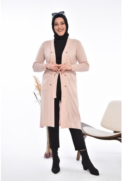 FERACE Kadın Triko Uzun Hırka Cepli V Yaka