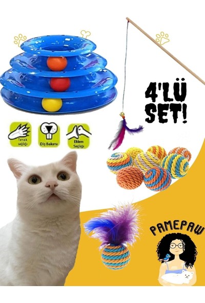 Pamepaw 4'lü Set : Tower Of Tracks Toplu Yuvarlak Kedi Oyuncağı , Olta , Sarma Top ve Tüylü Oyun Topu Seti Pamepaw 4'lü Set : Tower Of Tracks Toplu Yuvarlak Kedi Oyuncağı , Olta , Sarma Top ve Tüylü Oyun Topu Seti
