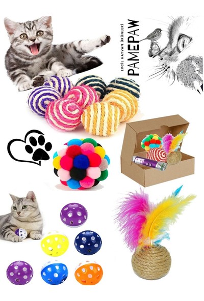 Pamepaw Kedi Sarma Top , Ponpon Top , Tüylü Top ve Çıngıraklı Top Seti Pamepaw Kedi Sarma Top , Ponpon Top , Tüylü Top ve Çıngıraklı Top Seti