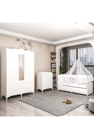 Garaj Home Pırlanta Bebek Odası Takımı - Yatak ve Uyku Seti Kombinli-Uyku Seti-Beyaz