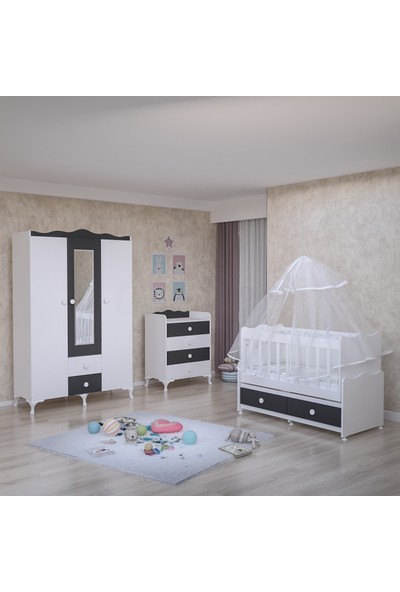 Garaj Home Elegant Gri Bebek Odası Takımı - Yatak ve Uyku Seti Kombinli-Uyku Seti-Beyaz