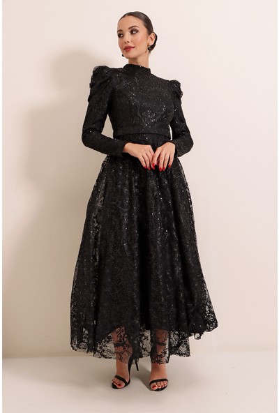 Z Giyim Kadın Siyah Yuvarlak Yaka Kemerli Dantelli Abiye
