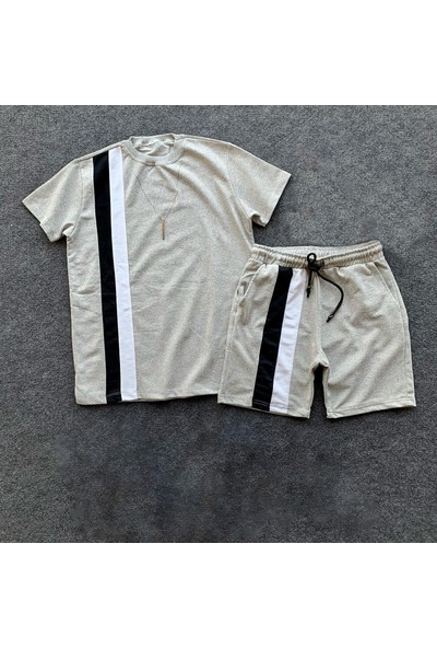 Miralbas Erkek Çizgi Detaylı Gri Şort ve Oversize Bisiklet Yaka Tshirt Spor Takım