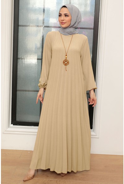 Neva Style - Pileli Bej Tesettür Elbise 30280BEJ Neva Style - Pileli Bej Tesettür Elbise 30280BEJ