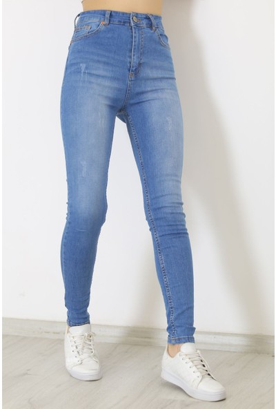 Dar Paça Tırnaklı Kot Pantolon Mavi -