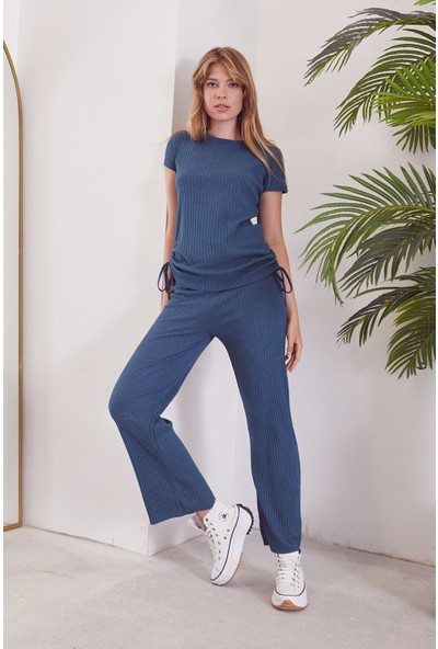 Lime Moda Fitilli Büzgülü Takım-Petrol Lime Moda Fitilli Büzgülü Takım-Petrol