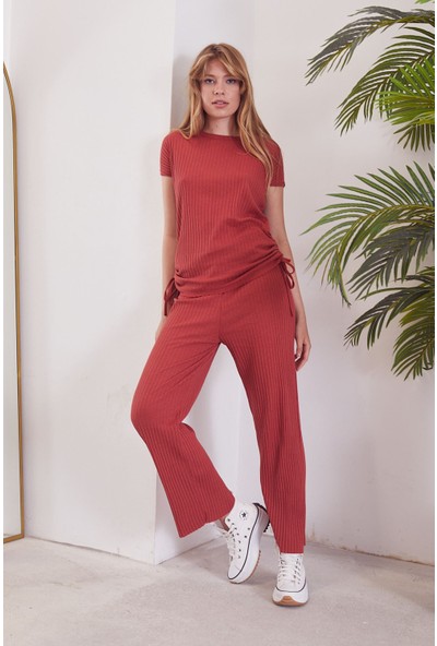 Lime Moda Fitilli Büzgülü Takım-Kiremit Lime Moda Fitilli Büzgülü Takım-Kiremit