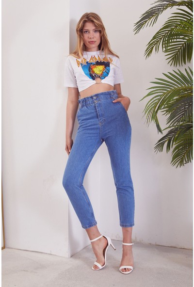 Beli Lastikli Mom Jean Pantolon-Koyu Mavi