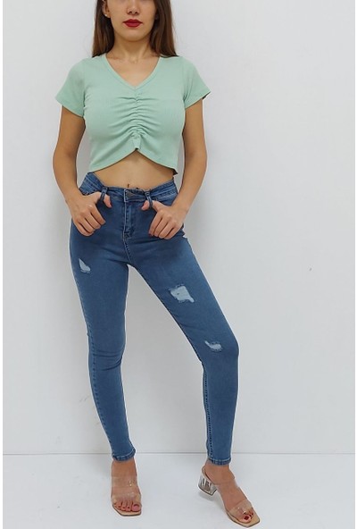 Daha Yok Mu Yırtıklı Dar Kot Pantolon Mavi