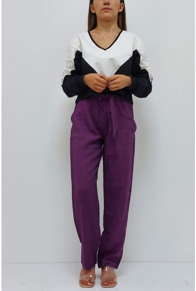 Daha Yok Mu Önden Bağlamalı Pantolon Koyu Mor