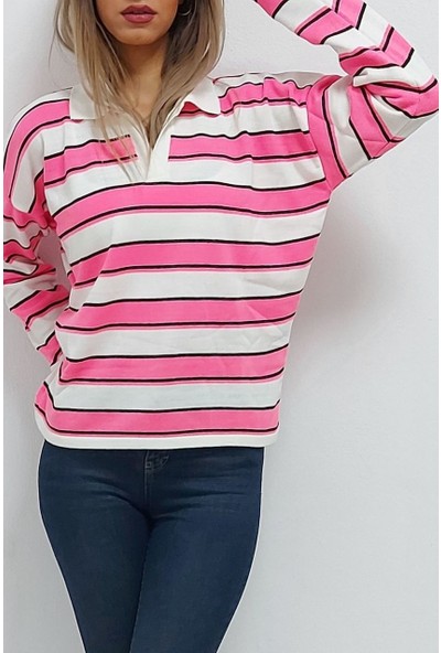 Daha Yok Mu Polo Yaka Çizgi Desenli Kazak Beyaz-Pembe