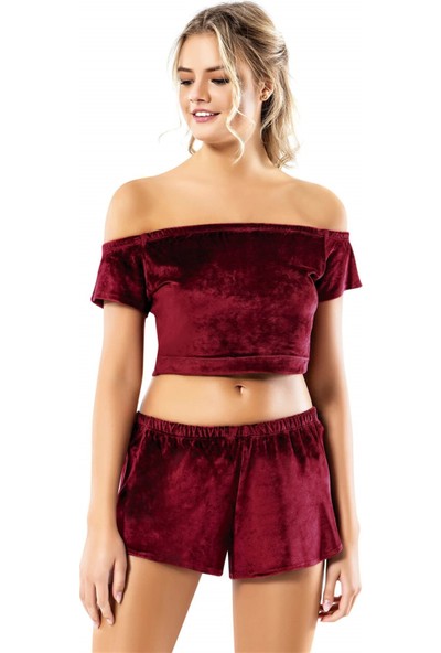 Aria's Closet Bordo Büstiyerli Kadife Babydoll Şort Takımı Aria's Closet Bordo Büstiyerli Kadife Babydoll Şort Takımı