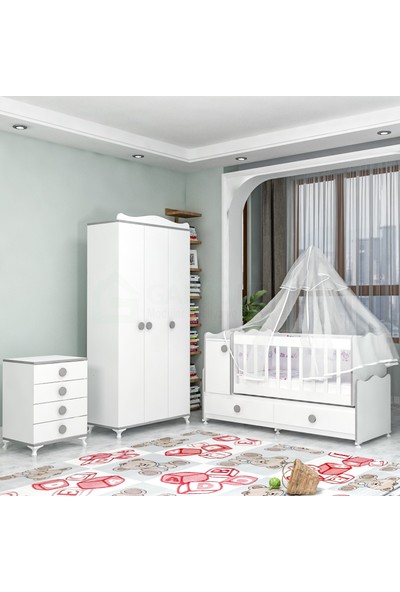 Garaj Home Pırlanta Yıldız 3 Kapaklı Bebek Odası Takımı Gri- Kombinli-Uyku Seti-Beyaz