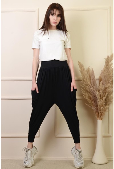 Pınkmark Kadın Siyah Beli Lastikli Cep Detaylı Şalvar Kesim Pantolon PMPT25515