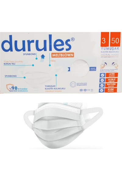 Meltblown Durules 3 Katlı Beyaz Cerrahi Maske Yumuşak Elastik Kulaklı 50 Adet Meltblown Durules 3 Katlı Beyaz Cerrahi Maske Yumuşak Elastik Kulaklı 50 Adet