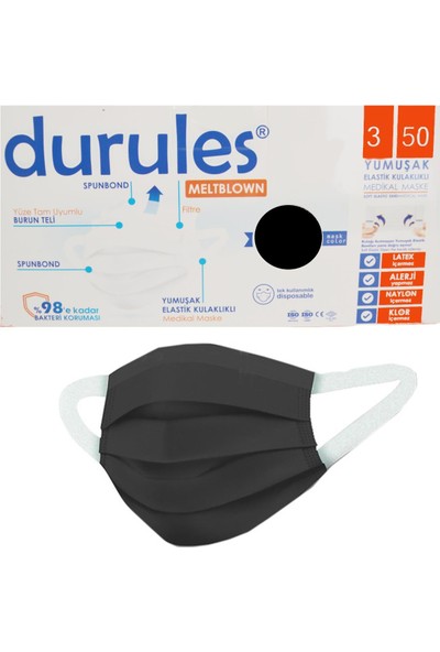 Meltblown Durules 3 Katlı Siyah Cerrahi Maske Yumuşak Elastik Kulaklı 50 Adet Meltblown Durules 3 Katlı Siyah Cerrahi Maske Yumuşak Elastik Kulaklı 50 Adet