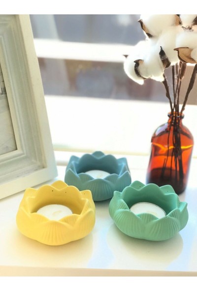 Laviyosa Evlilik Yıl Dönümü Hediyesi Dekoratif Lotus Çiçeği Mumluk 3'lü Set MX5-1968