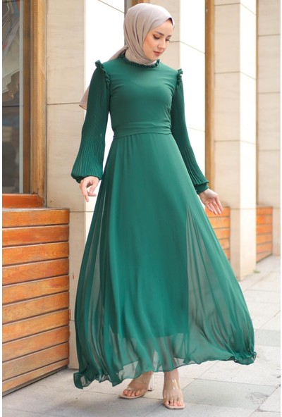 Daisy Kolları Pilseli Abiye - Yeşil