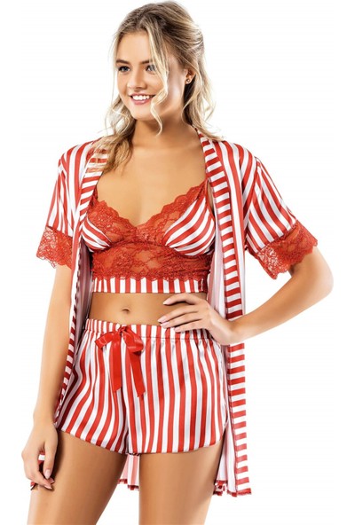 Aria's Closet Çizgili Büstiyerli Kiremit Üçlü Saten Babydol Şort Takımı Aria's Closet Çizgili Büstiyerli Kiremit Üçlü Saten Babydol Şort Takımı