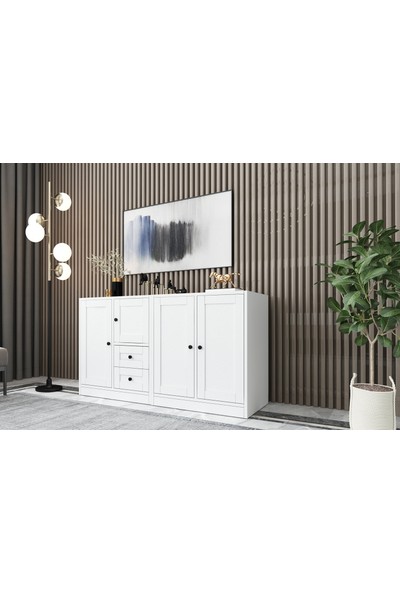 Nettrends Dolapli Çekmeceli Konsol Beyaz 130 cm KNS-1042