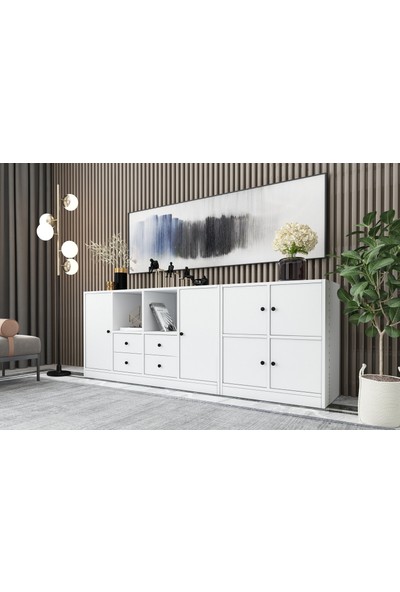Nettrends Rafli Dolapli Çekmeceli Konsol Beyaz 195 cm KNS-1098-Ç