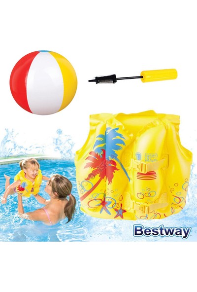 Masho Trend 3 Lü Süper Set Çocuk Can Yeleği + Deniz Topu + Şişirme Pompası + Şişme Deniz Yeleği