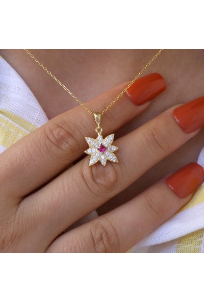 Kırmızı Beyaz Taşlı Kutup Yıldızı Gümüş Kolye