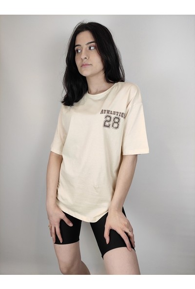 Eylül Moda Kadın T-Shirt Ön Arka Athletıcs 28 Yazı Baskı T-Shirt