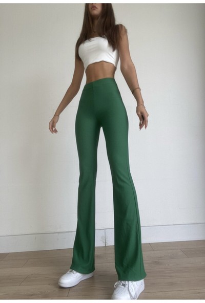 AÈC PRIVÈ Kadın Yeşil Yüksek Bel Fitilli Ispanyol Paça Tayt Pantolon AÈC PRIVÈ Kadın Yeşil Yüksek Bel Fitilli Ispanyol Paça Tayt Pantolon