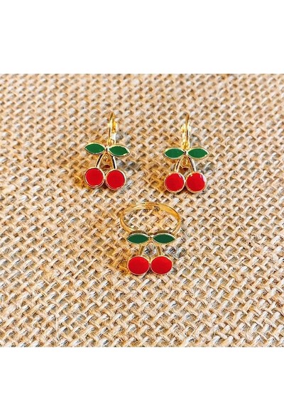 By Gökçe Kirazlı Çocuk Küpe ve Yüzük Set, Çocuk Yüzük ve Küpe Set