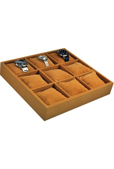 Vitrin Kutu Düz Saat Takı Tablası 9 Yastıklı Hardal