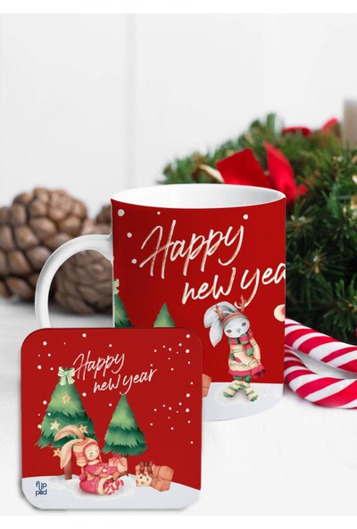 Yılbaşı Happy New Year Bardak Altlıklı Kupa Bardak Yılbaşı Happy New Year Bardak Altlıklı Kupa Bardak