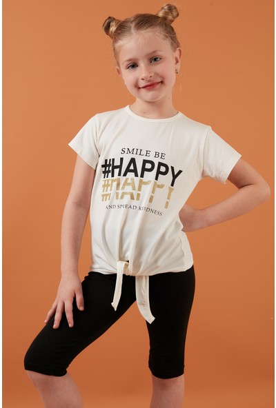 Lela Pamuklu Baskılı Bağlama Detaylı Bisiklet Yaka T Shirt Kız Çocuk T Shirt 6211018