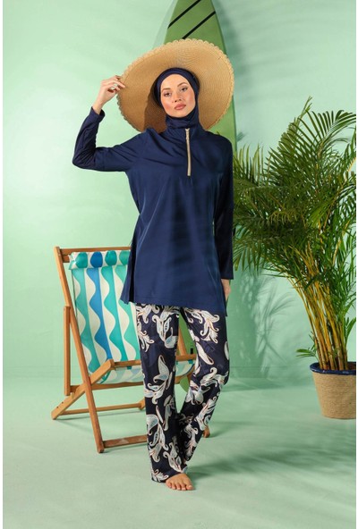 Marina Lacivert Kadın Yaprak Desenli Tasarım Tesettür Mayo M2260 Marina Lacivert Kadın Yaprak Desenli Tasarım Tesettür Mayo M2260